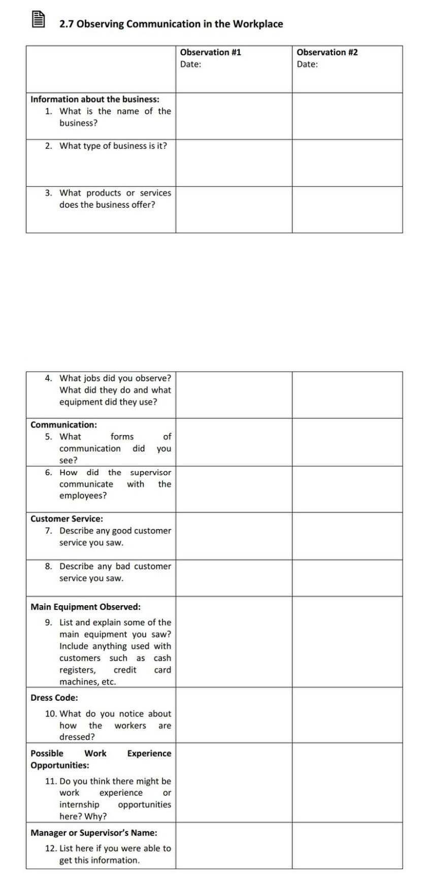 2.7 Observing Communication in the Workplace Observation #1 Date ...
