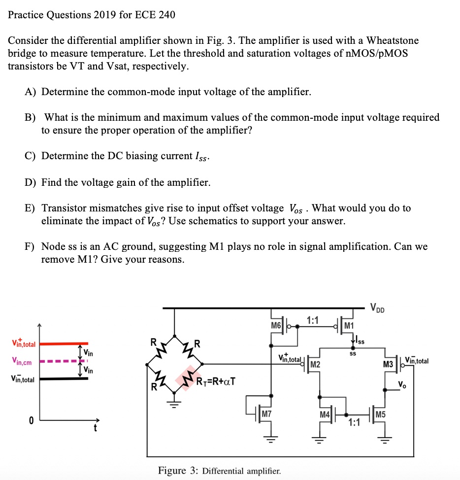 SOLVED: Practice Questions 2019 for ECE 240 Consider the differential amplifier shown in Fig: 3 ...