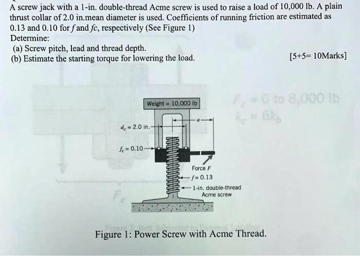 A screw jack with a 1-in. double-thread Acme screw is used to raise a ...