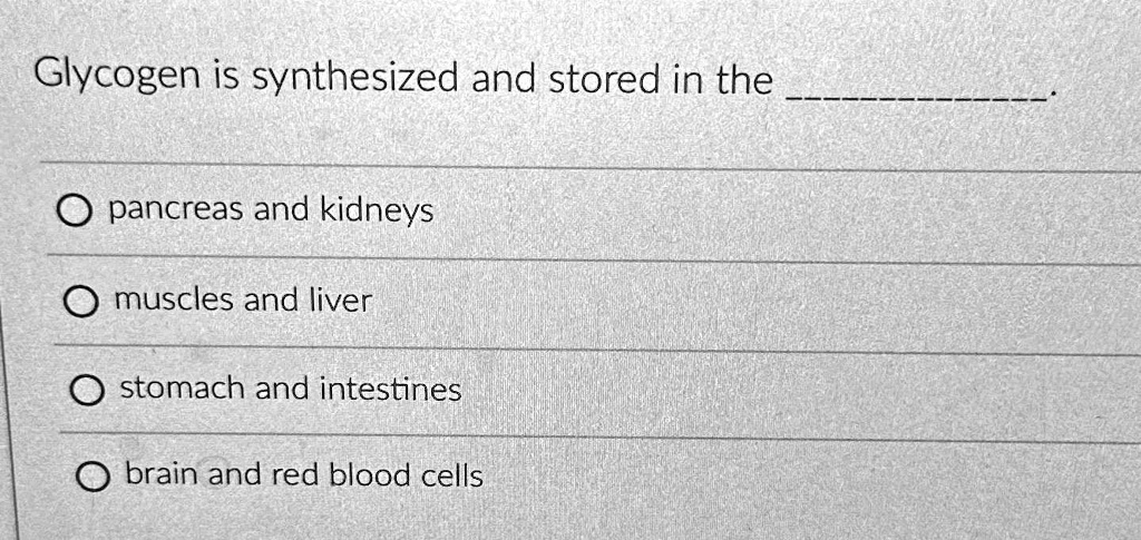 Glycogen is synthesized and stored in the . ? pancreas and kidneys ...
