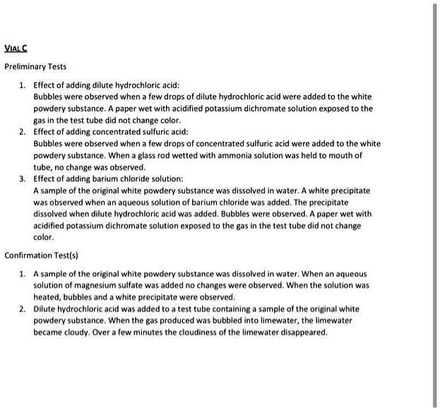 SOLVED: VAC Preliminary Tests Effect of adding dilute hydrachloric acid ...