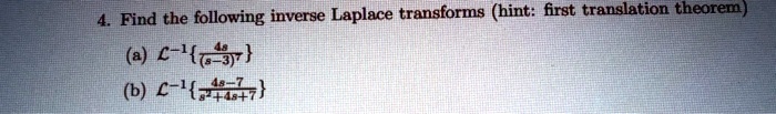 SOLVED:Find the following inverse Laplace transforms (hint: first ...