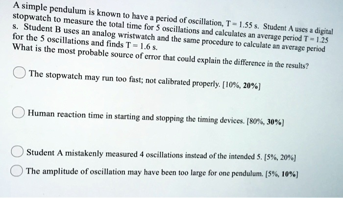 SOLVED: A simple pendulum is known to have a period of T = 1.5 s. Student B uses a stopwatch to ...