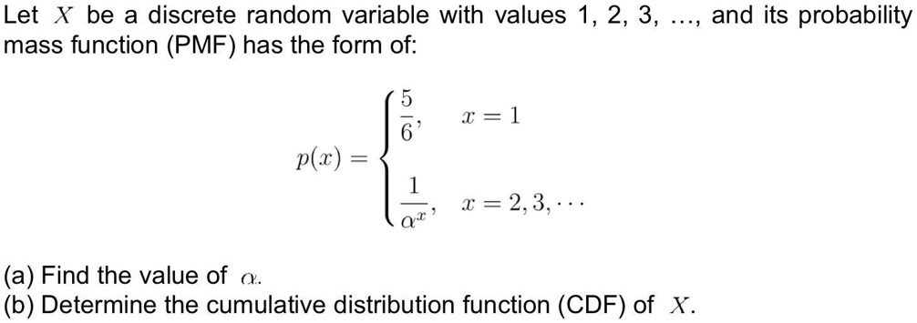 Let X be a discrete random variable with values 1, 2, 3, ... and its probability mass function ...