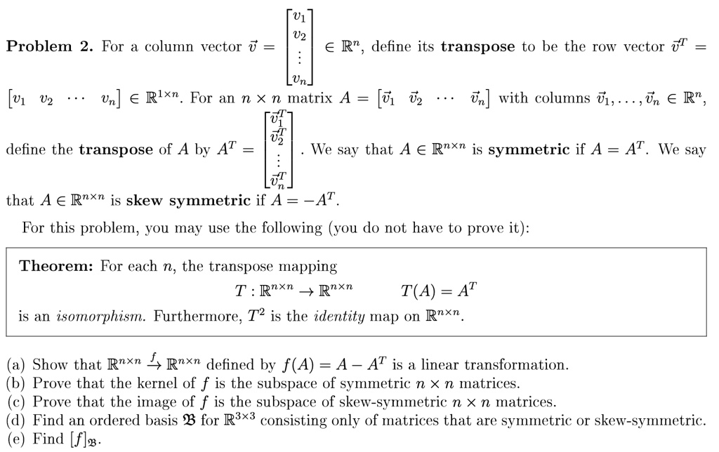 v1 v2 problem 2 for a column vector e r define its transpose to be the ...