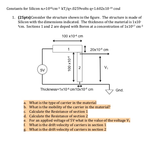 Constants for Silicon n?=10 10 cm -3 kT/q=.0259volts q=1.602x10 -19 ...