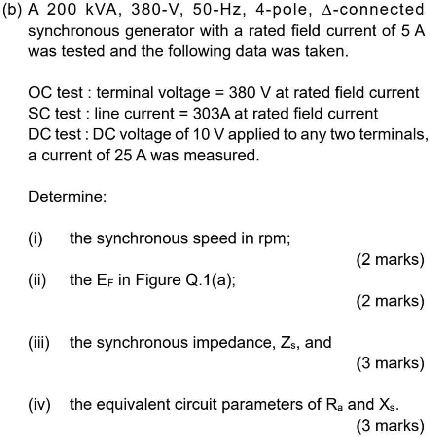 SOLVED: (b) A 200kVA,380-V,50-Hz,4-pole, Delta -connected synchronous ...