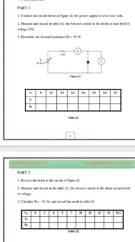 PART 1 1. Connect the circuit shown in Figure (I), the power supply is set to zero volts. 2 ...