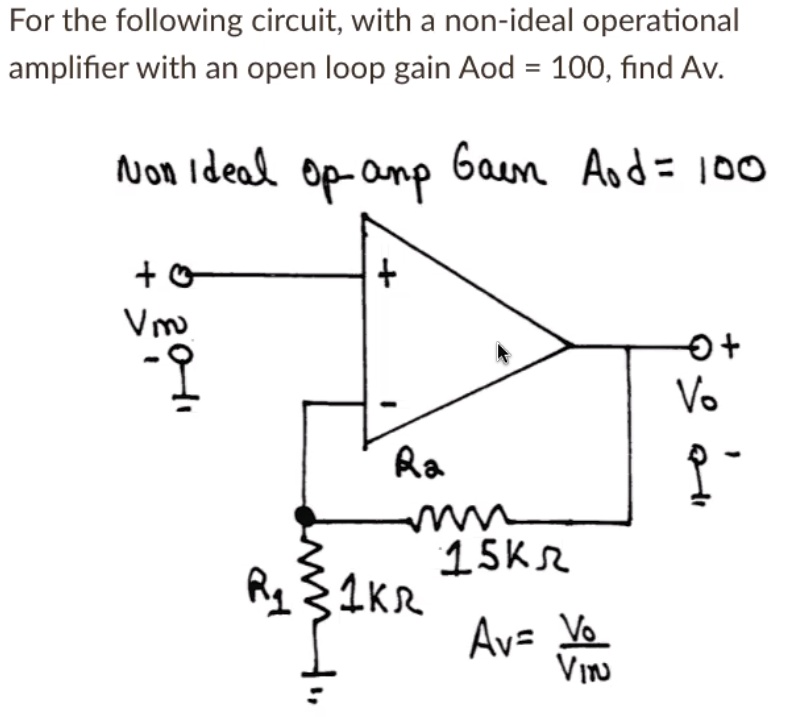for the following circuit with a non ideal operational amplifier with an open loop gain aod 100 ...