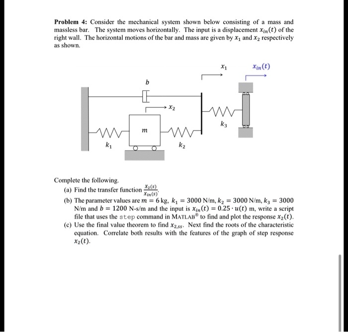 Problem 4: Consider the mechanical system shown below consisting of a mass and massless bar. The ...