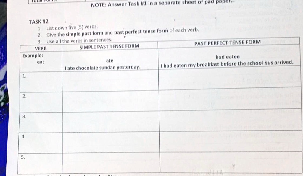 task 2 1 list down five 5 verbs 2 give the simple past form and past perfect tense form of each ...