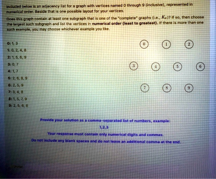 SOLVED: Included below is an adjacency list for a graph with vertices named O through 9 ...
