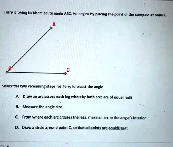 SOLVED: Terry is trying to bisect acute angle ABC. He begins by placing the point of the compass ...