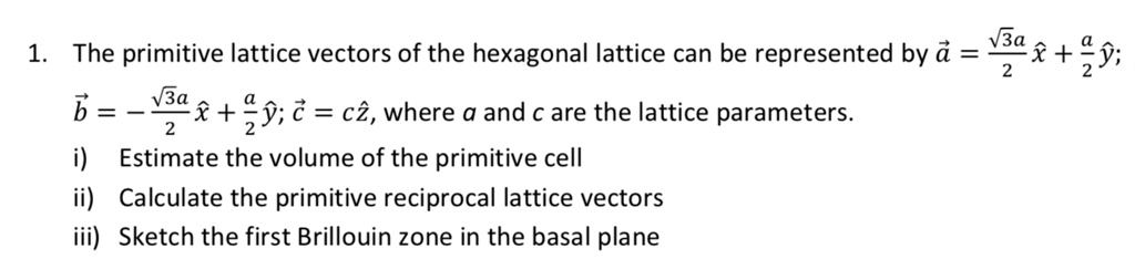 SOLVED: The primitive lattice vectors of the hexagonal lattice can be represented by a = Sa + iy ...