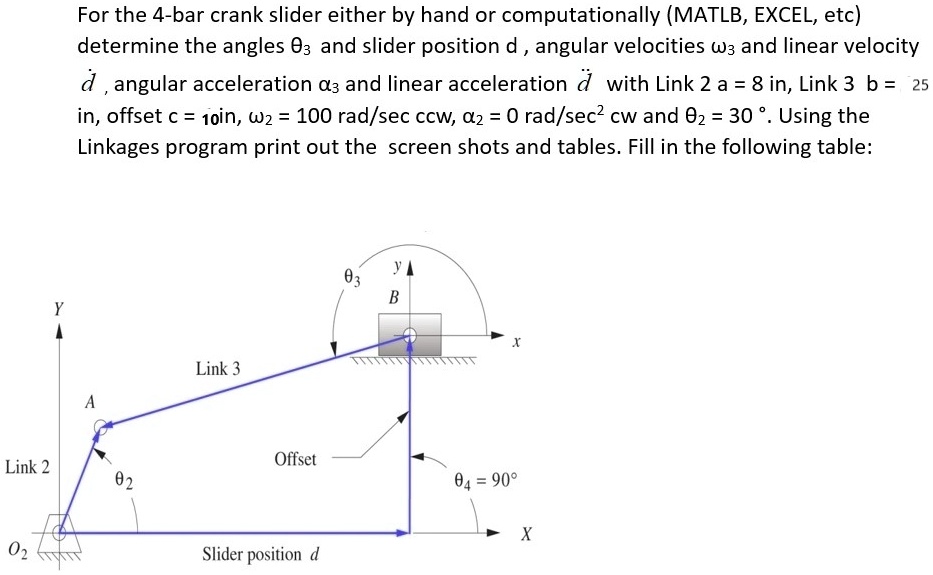 SOLVED: For the 4-bar crank slider either by hand or computationally(MATLB,EXCEL, etc determine ...