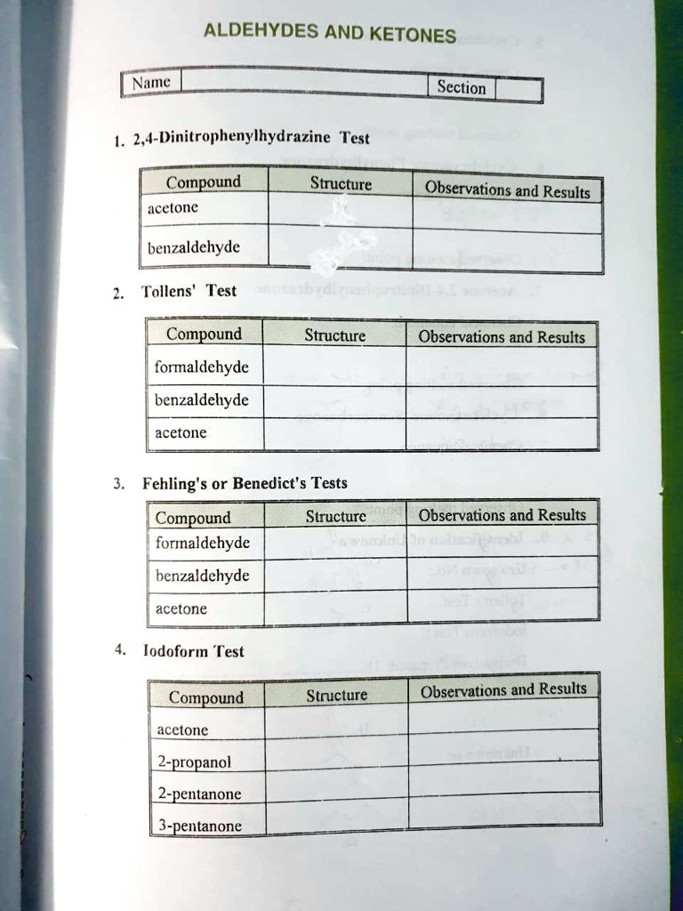 SOLVED: ALDEHYDES AND KETONES Namc Section 2,4-Dinitrophenylhydrazine ...