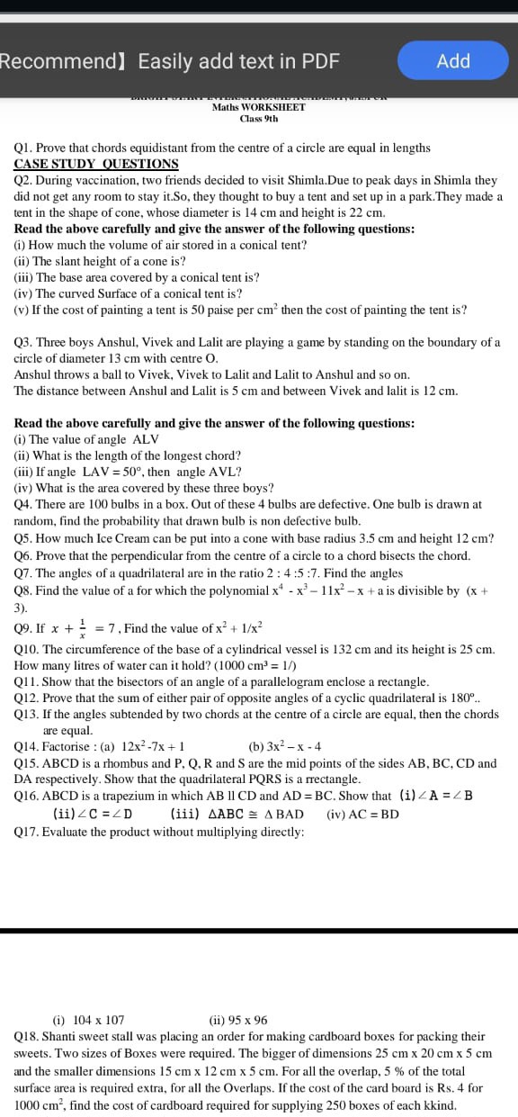 SOLVED: Recommend? Easily add text in PDF Add Maths WORKSHEET Class 9 ...
