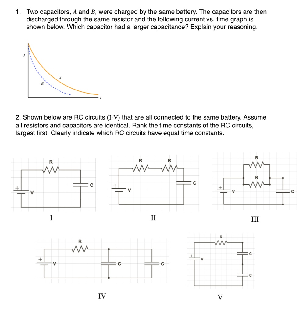 two capacitors a and b were charged by the same battery the capacitors are then discharged ...
