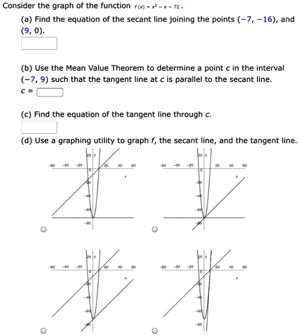 SOLVED: Consider the graph of the function f(x) - x-*- 72 (a) Find the equation of the secant ...