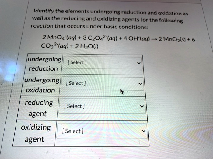 SOLVED: Identify the elements undergoing reduction and oxidation as well as the reducing and ...