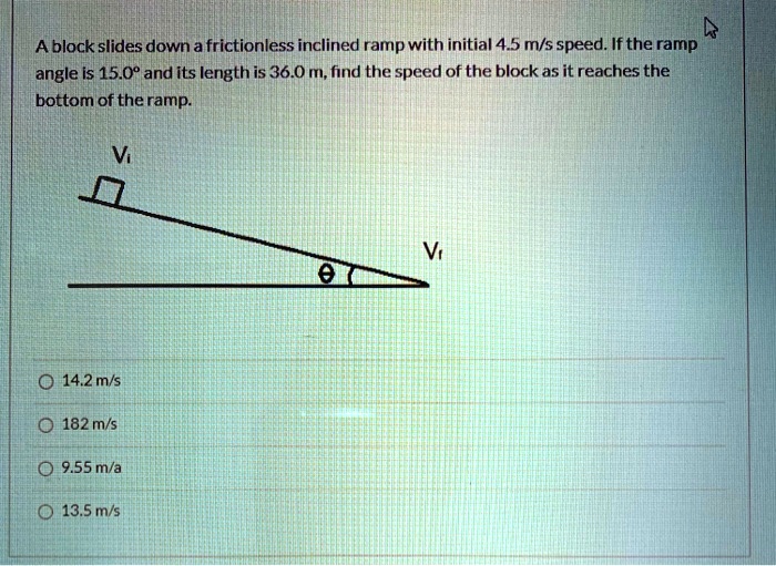 a block slides down a frictionless inclined ramp with initial 45 ms speed if the ramp angle is ...