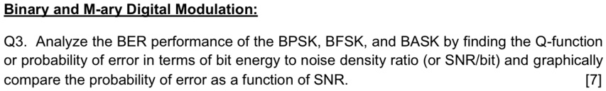 SOLVED: Binary and M-ary Digital Modulation: Q3. Analyze the BER performance of the BPSK, BFSK ...