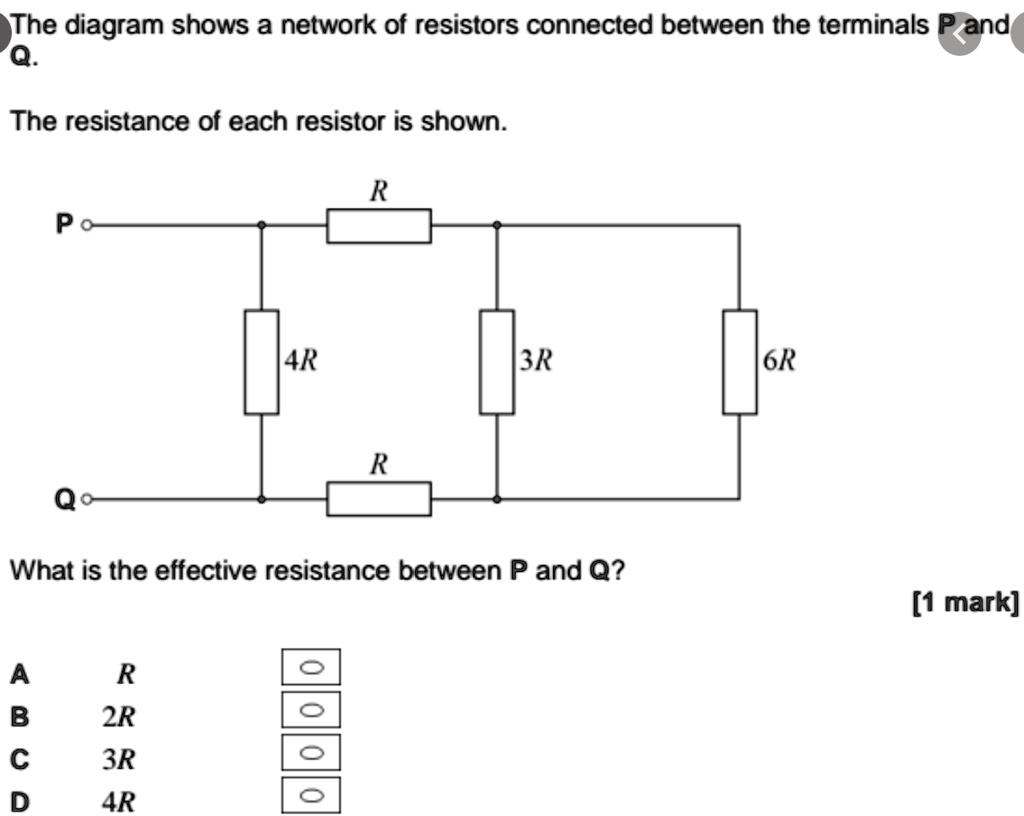 The diagram shows a network of resistors connected between the ...