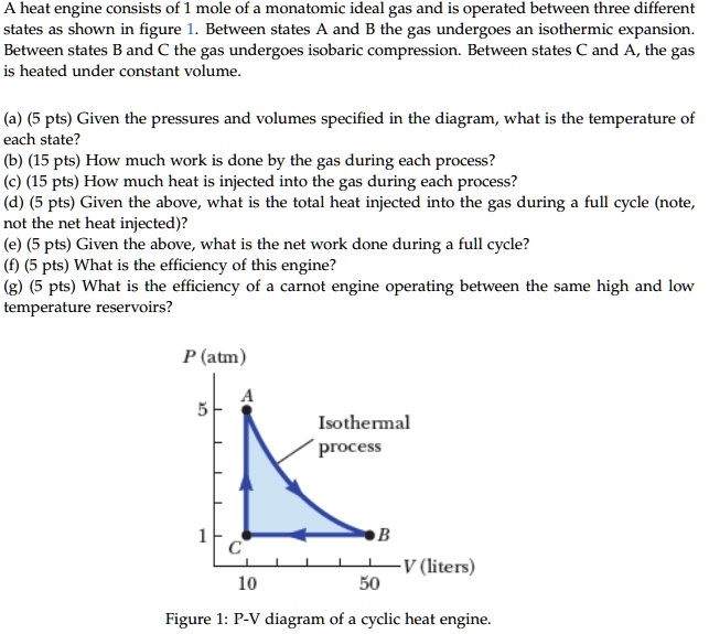 SOLVED: A heat engine consists of 1 mole of a monatomic ideal gas and is operated between three ...