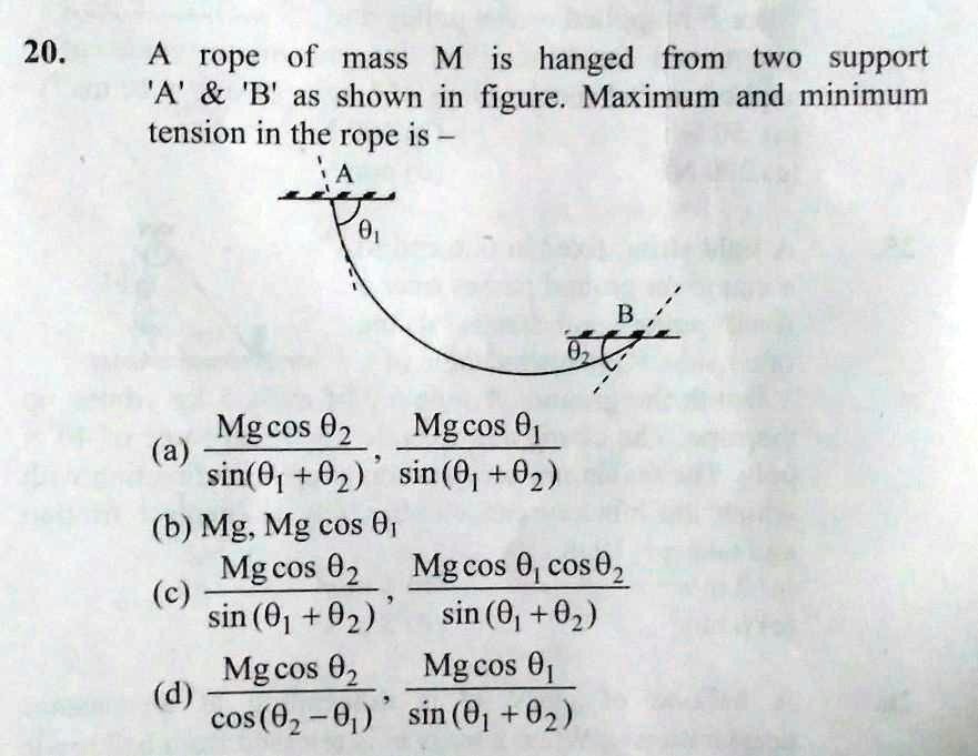 SOLVED: A rope of mass M is hung from two supports A and B, as shown in the figure. Find the ...