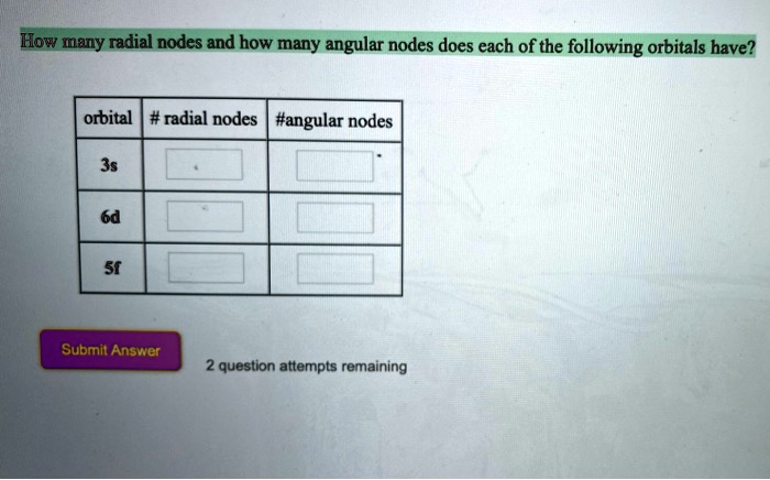 SOLVED: How many radial nodes and how many angular nodes does each of ... SOLVED: How many radial nodes and how many angular nodes does each of ...