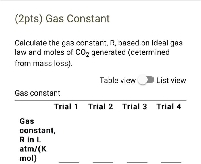 SOLVED: (2pts) Gas Constant Calculate the gas constant, R, based on ...