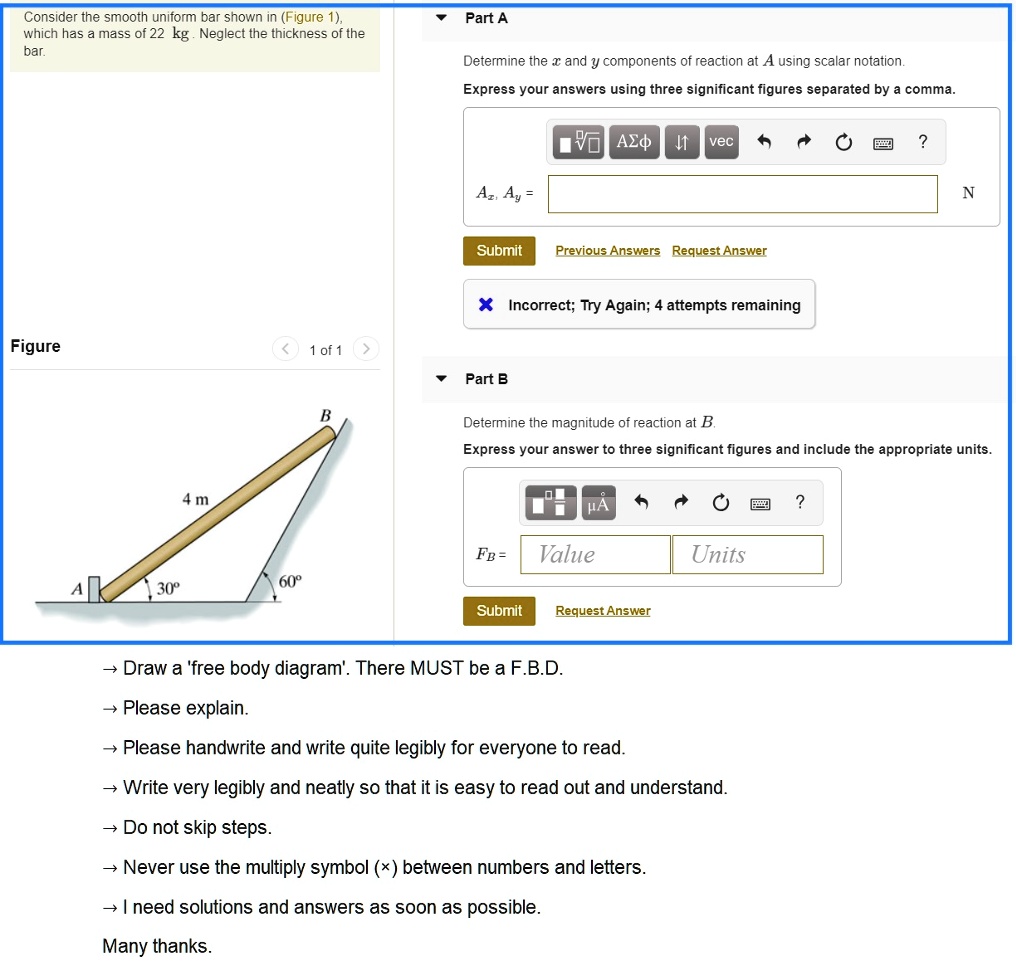 Consider the smooth uniform bar shown in (Figure 1), which has a mass of 22 kg. Neglect the ...