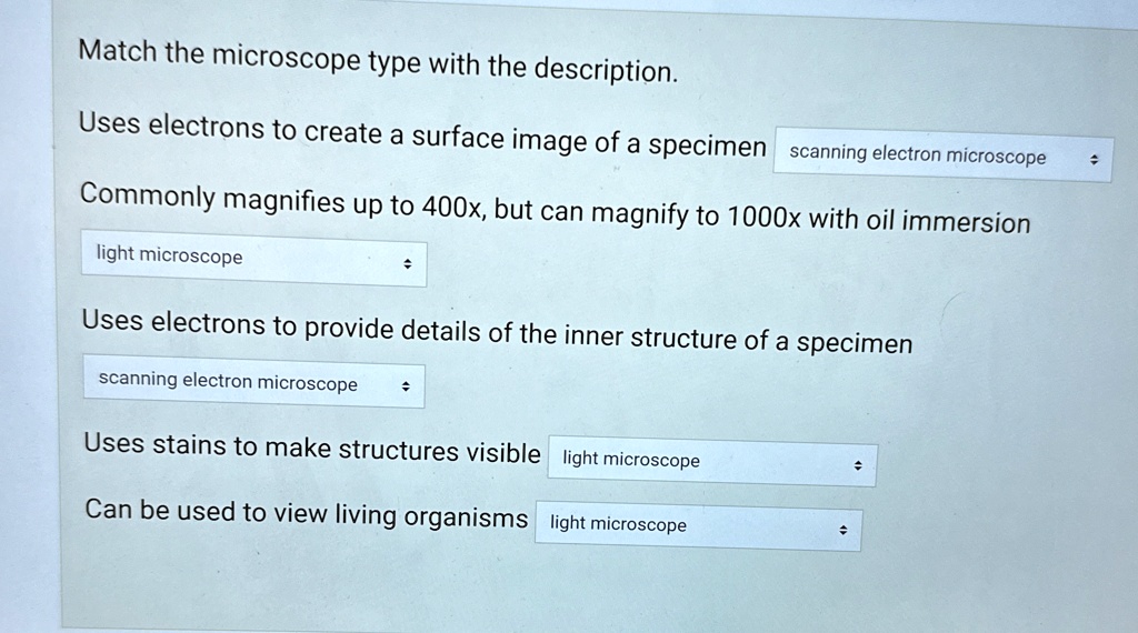 Match the microscope type with the description. Uses electrons to create a surface image of a ...