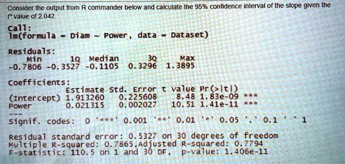 consider the output from r commander below and calculate the 95 confidence interval of the slope ...