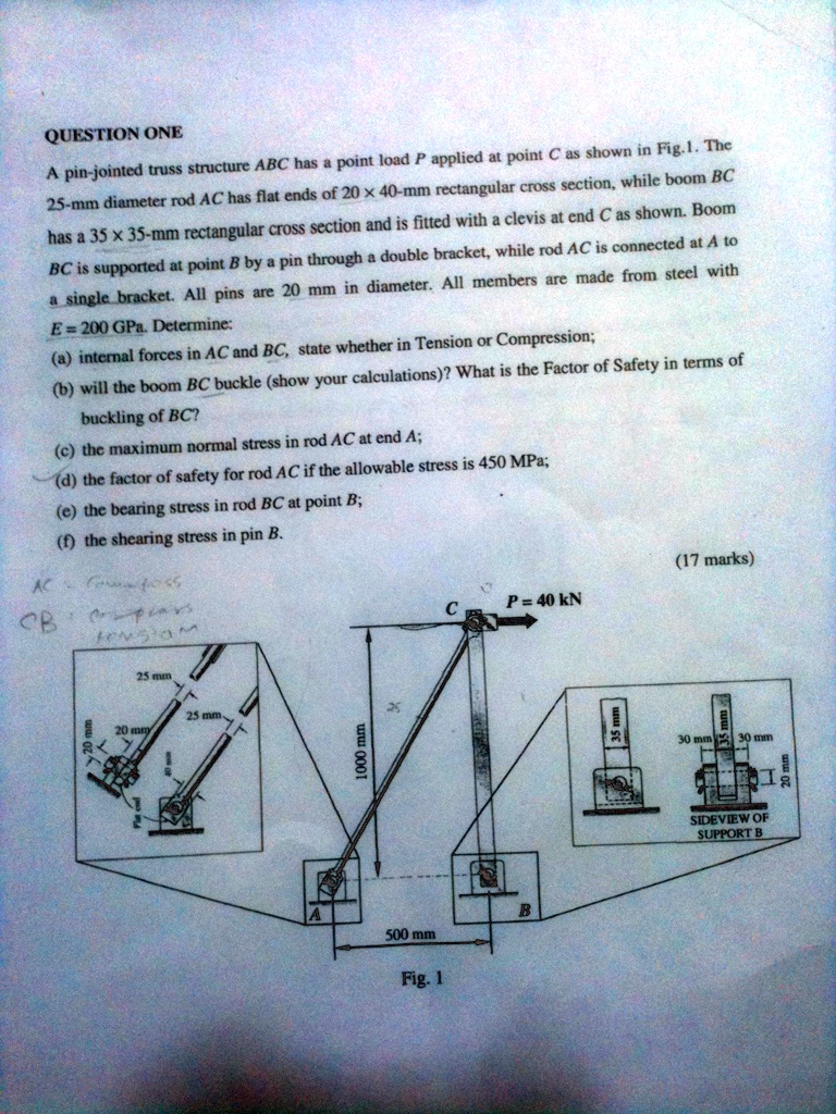 QUESTION ONE A pin-jointed truss structure ABC has a point load P ...