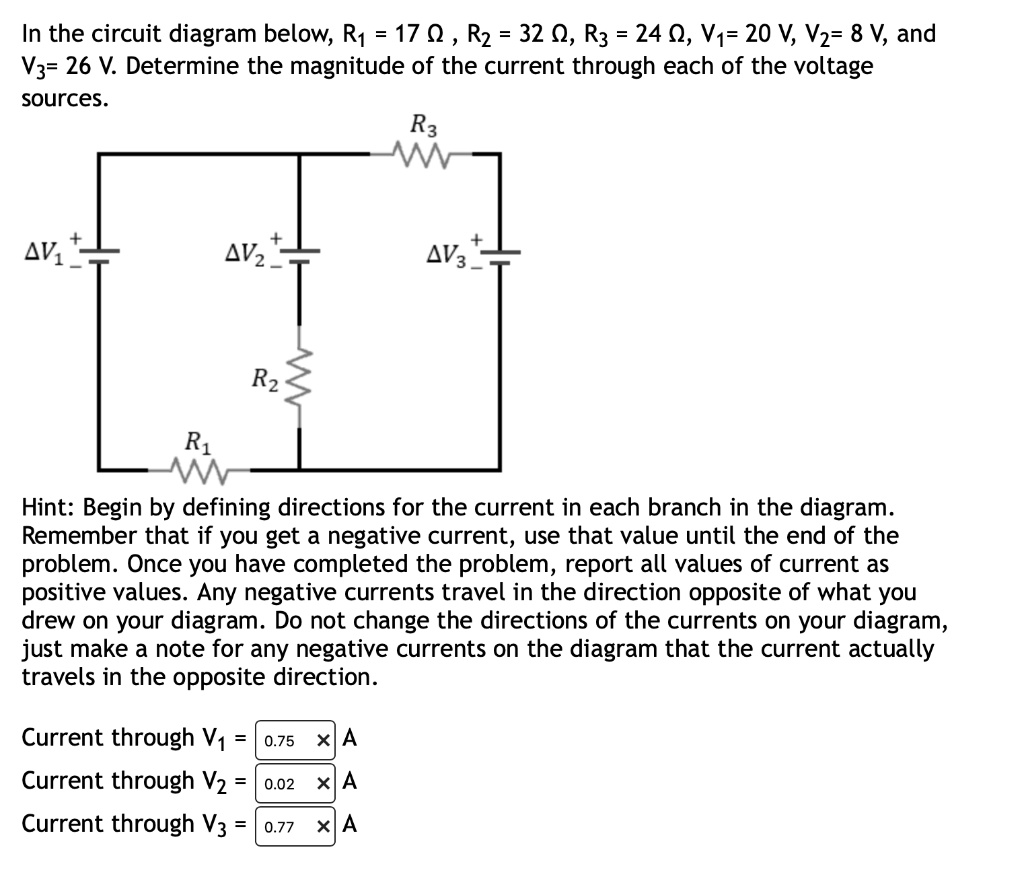 SOLVED: In the circuit diagram below: R1 = 170 Î©, R2 = 320 Î©, R3 = 240 Î©, V1 = 20 V, V2 = 8 V ...