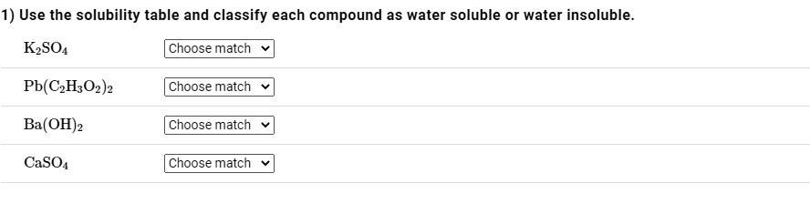 SOLVED: Use the solubility table and classify each compound as water ...