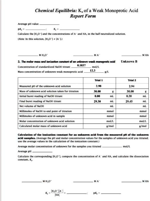 SOLVED: Chemical Equilibria: Kofa Weak Monoprotic Acid Report Form ...