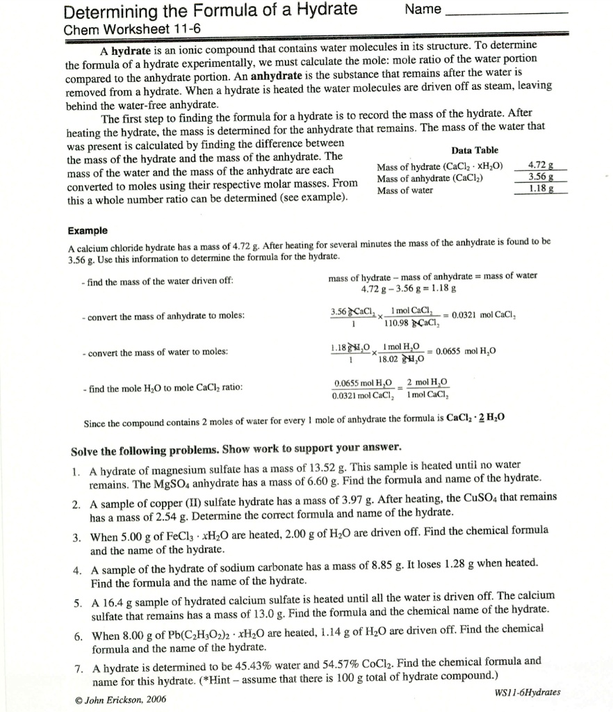 SOLVED: Determining the Formula of a Hydrate Name Chem Worksheet 11-6 ...