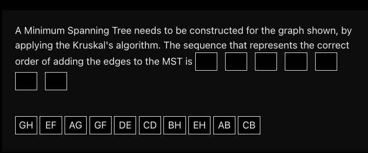 SOLVED: A Minimum Spanning Tree needs to be constructed for the graph shown by applying Kruskal ...