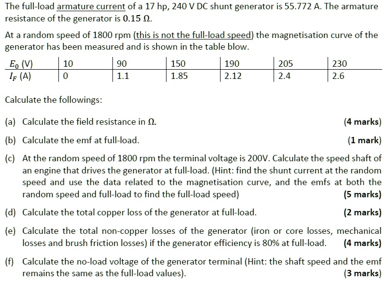 SOLVED: The full-load armature current of a 17 hp, 240 V DC shunt generator is 55.772 A. The ...