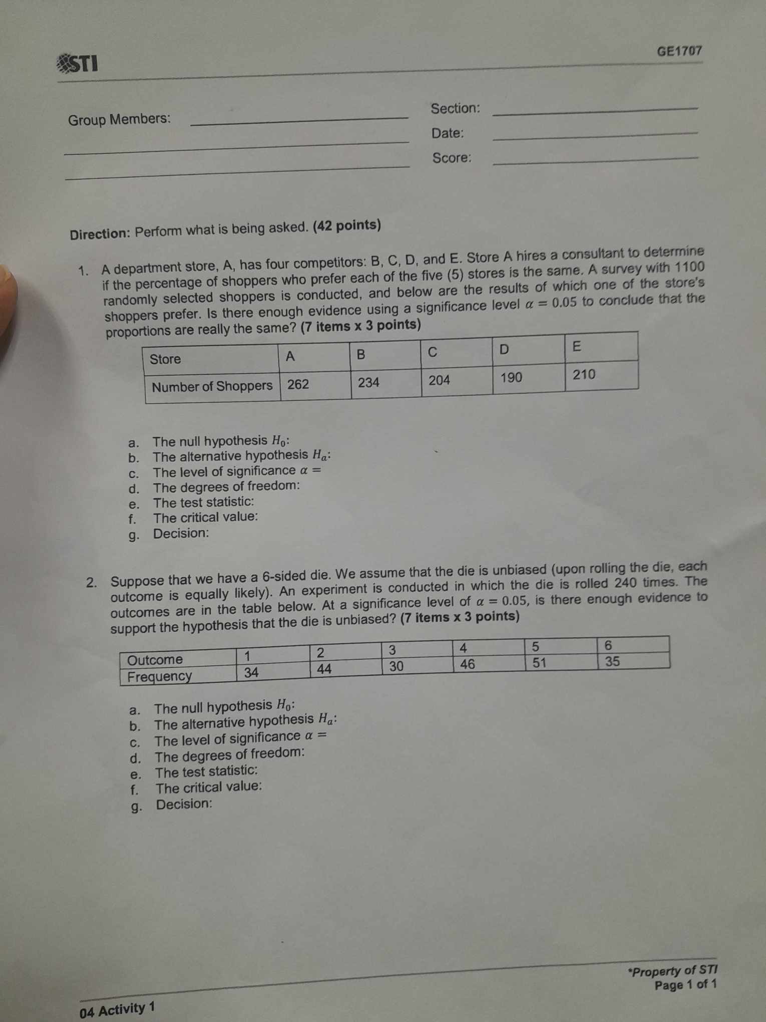 BSTI GE1707 Group Members: Direction: Perform what is being asked. (42 ...