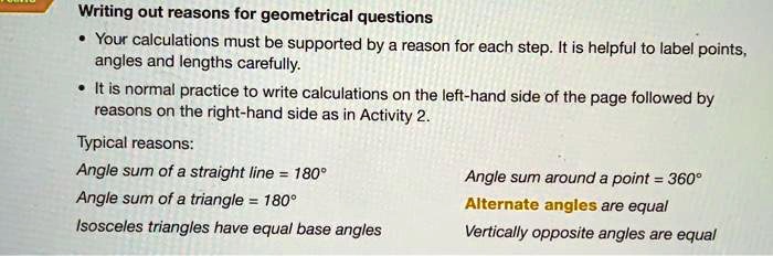 SOLVED: Writing out reasons for geometrical questions Your calculations ...