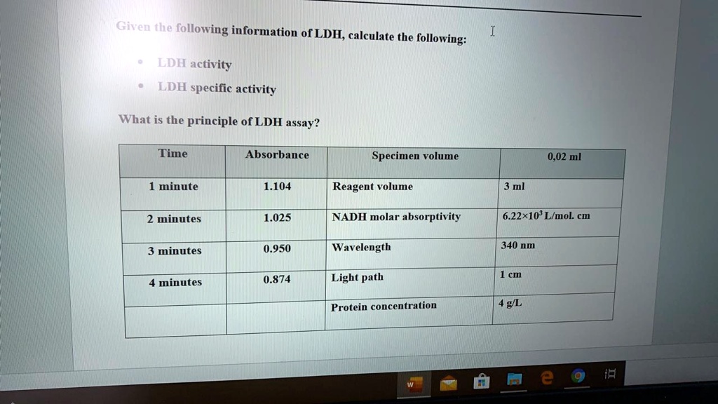 SOLVED: Given the following information ofLDH, calculate the following ...