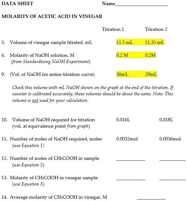 SOLVED: DATA SHEET Name MOLARITY OF ACETIC ACID IN VINEGAR Titration 1 Titration 2 Volume of ...