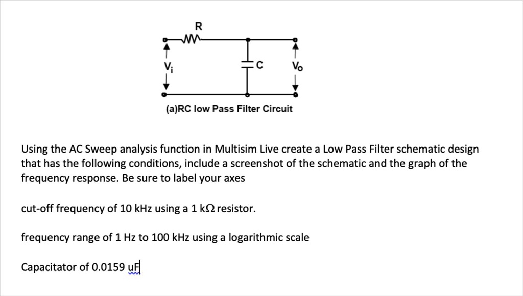 SOLVED: R W Vi Vo (a) RC Low Pass Filter Circuit Using the AC Sweep ... SOLVED: R W Vi Vo (a) RC Low Pass Filter Circuit Using the AC Sweep ...