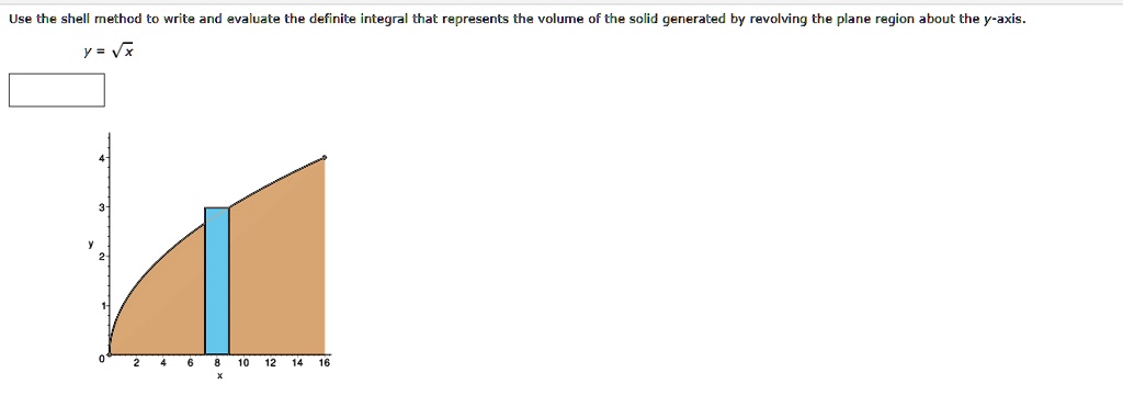 Use the shell method to write and evaluate the definite integral that represents the volume of ...