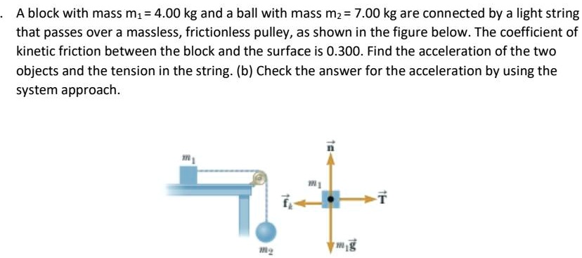 SOLVED: A block with mass m = 4.00 kg and a ball with mass mz = 7.00 kg are connected by a light ...