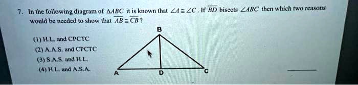 SOLVED: In the following diagram of AABC it is known that ZA= ZC . If BD bisects ZABC' then ...