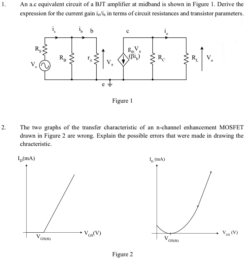 1. An a.c equivalent circuit of a BJT amplifier at midband is shown in Figure 1. Derive the ...